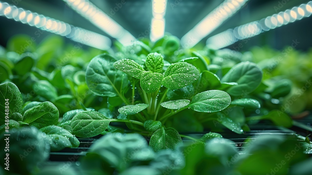 Hydroponic Lettuce Growing with LED Lights. Close-up of hydroponic ...