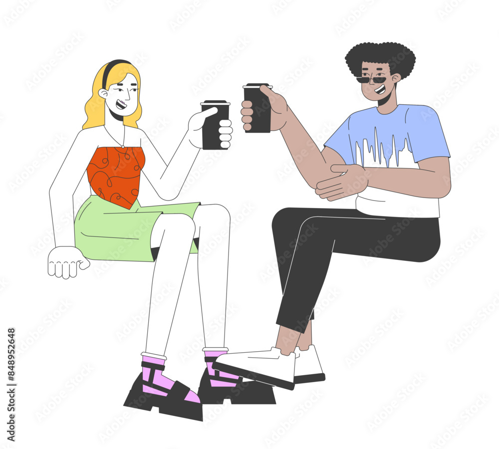Happy diverse couple with drinks 2D linear cartoon characters ...
