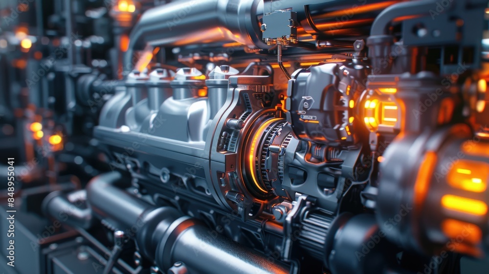 Virtual screen displays a detailed 3D model of a diesel generator's ...