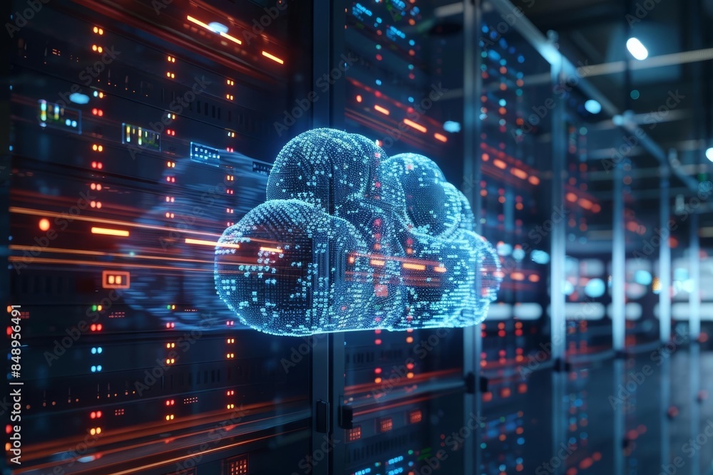 Realistic network server rack merging with a digital cloud overlay ...