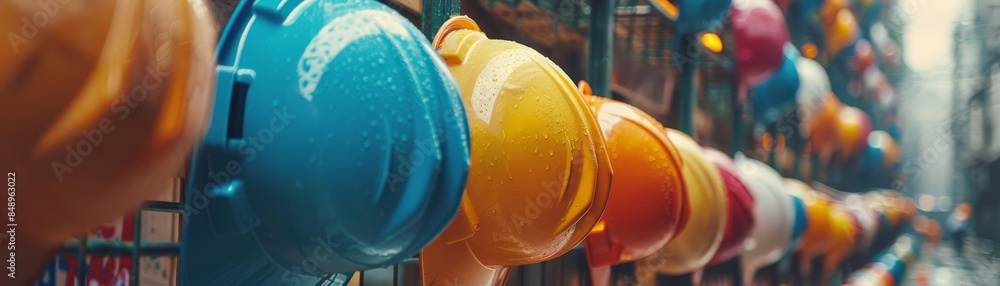Row of colorful construction helmets hanging on a rack at a worksite ...