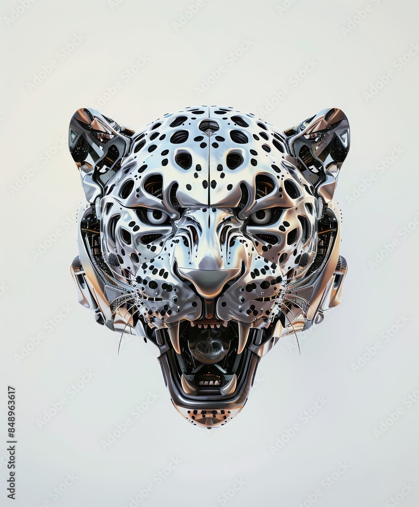 floating cyborg angry leopard face, front view, plain background ...