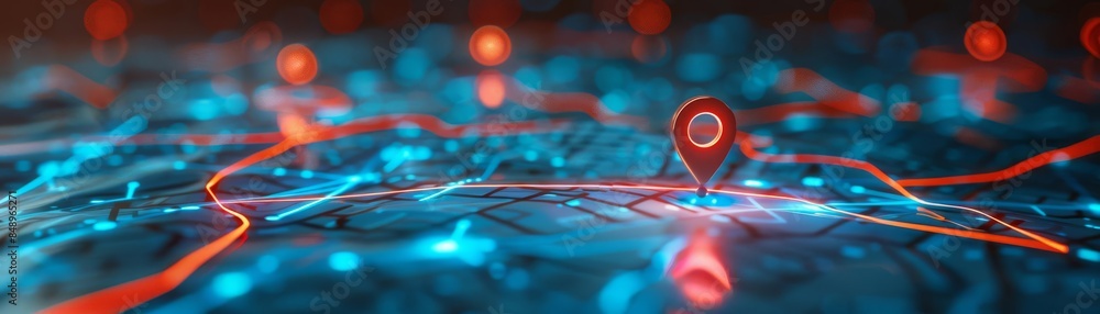 3D digital illustration of a blue map with red location pins navigation ...