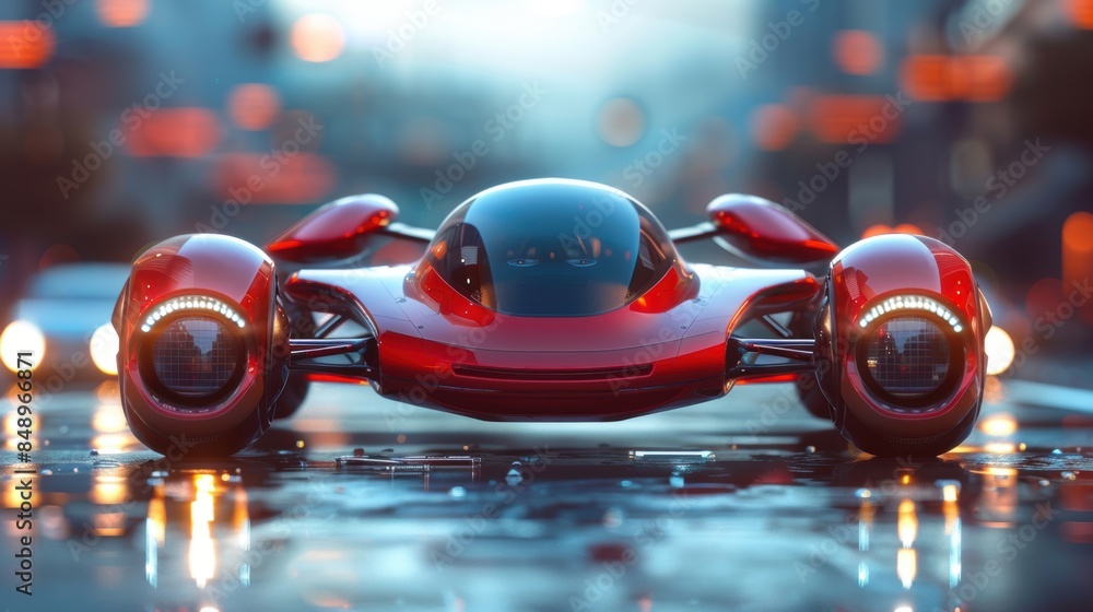 A sleek, futuristic red hover car with advanced design features parked ...