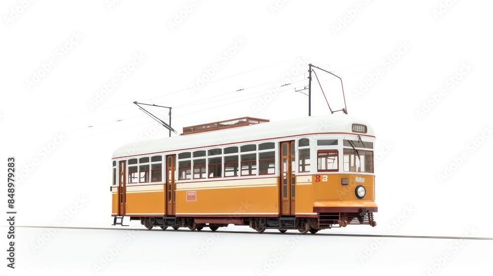 Historic tramway isolated on a white background. Old yellow and white ...