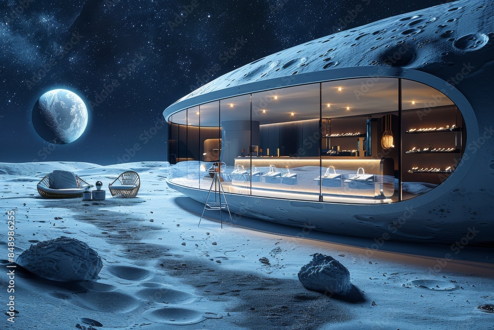 Futuristic Moon Base with a Modern Glass-Walled Building Under a Starry ...