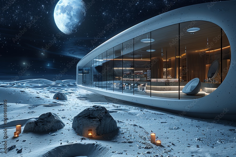 Futuristic Moon Base with a Modern Glass-Walled Building Under a Starry ...