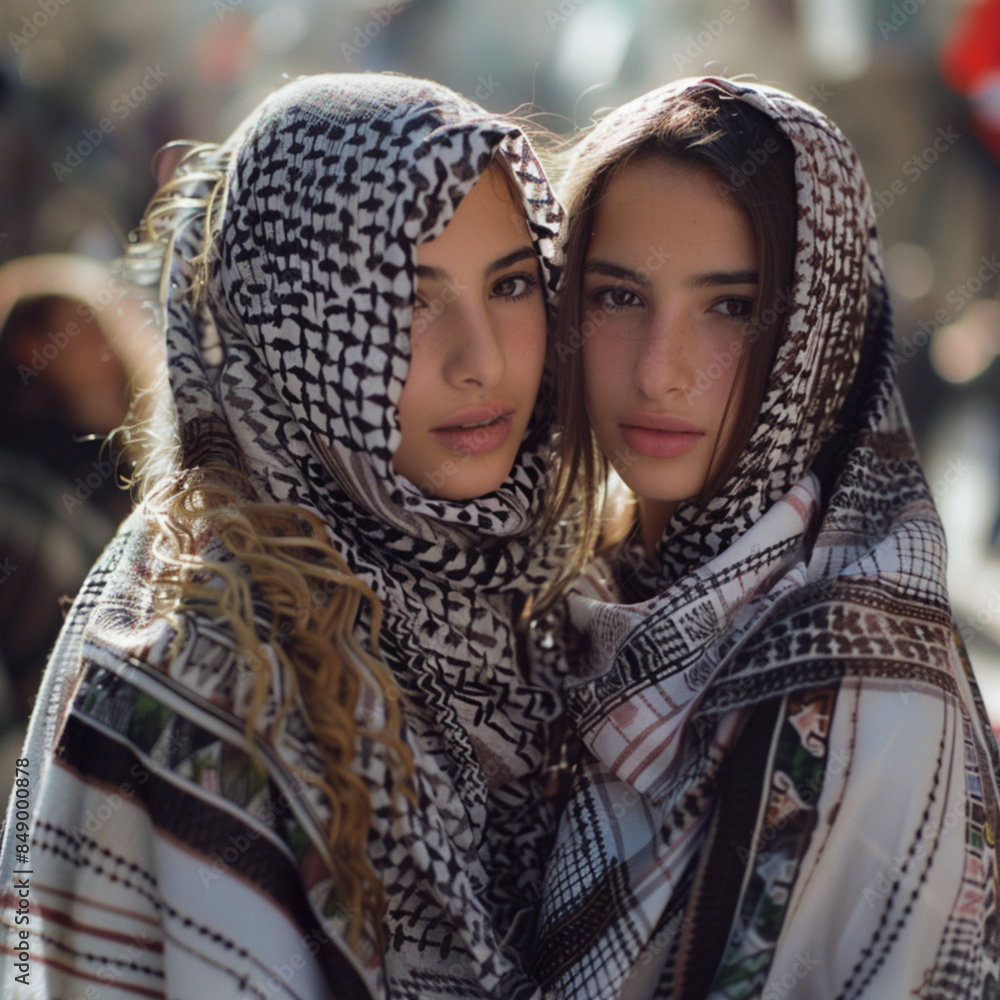 two middle eastern arabic female models, wearing traditional ...