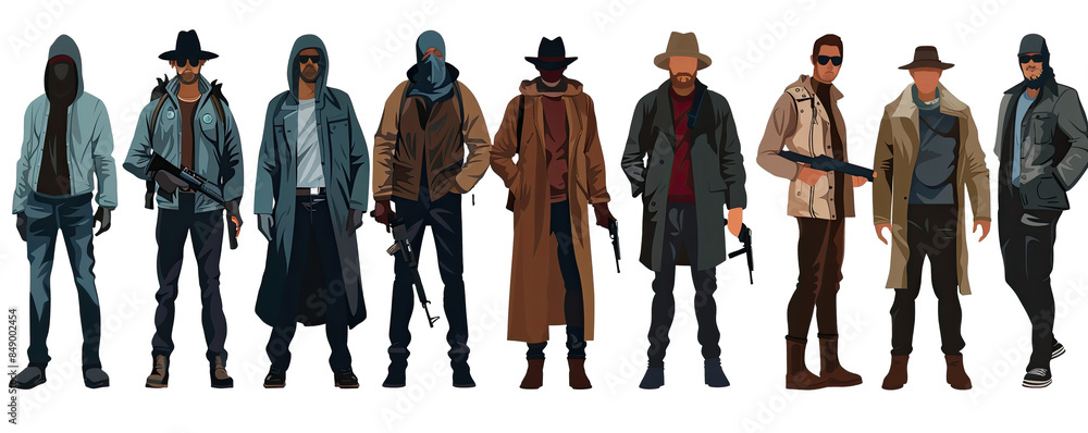 Stylized illustrations of different criminals in distinct outfits ...