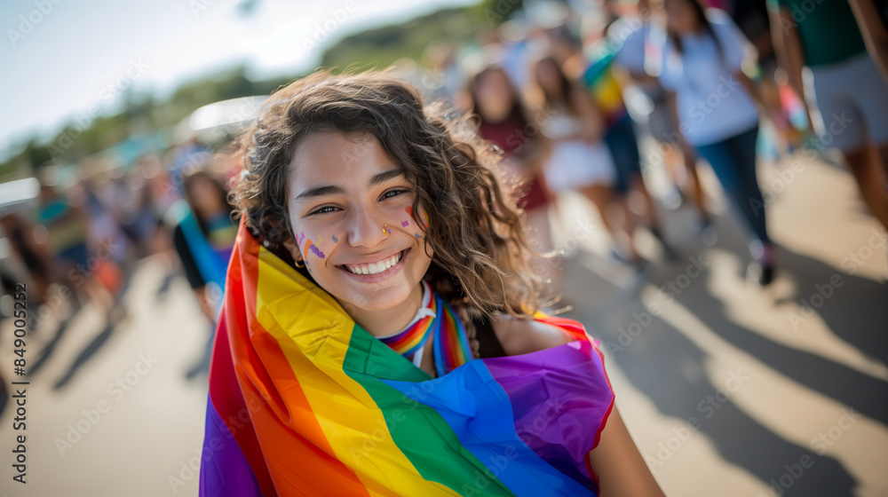 a close-up image of an LGBTQ+ student wearing a pride flag as a cape ...