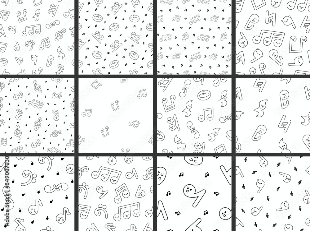 Cute kawaii music notes. Seamless pattern. Coloring Page. Funny cartoon ...