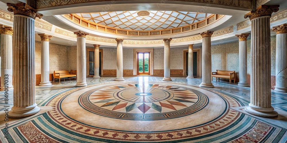 Ancient Greek house with a circular living room featuring marble ...