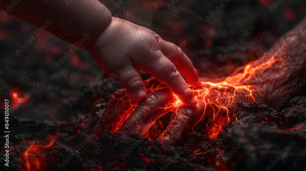 A red glowing baby hand holding an adult's outstretched arm against a ...