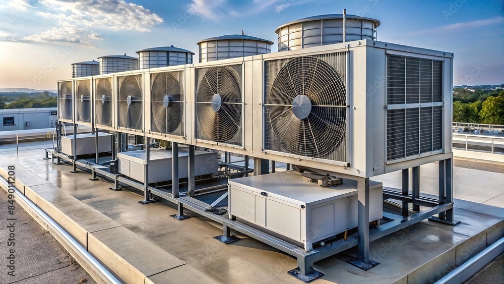 Rooftop air condenser unit with pipes and fans on building roof ...