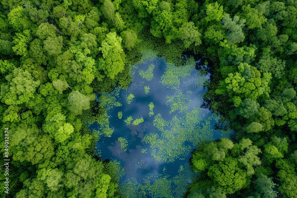 Lake in the forest. Aerial view of a protected nature reserve ...