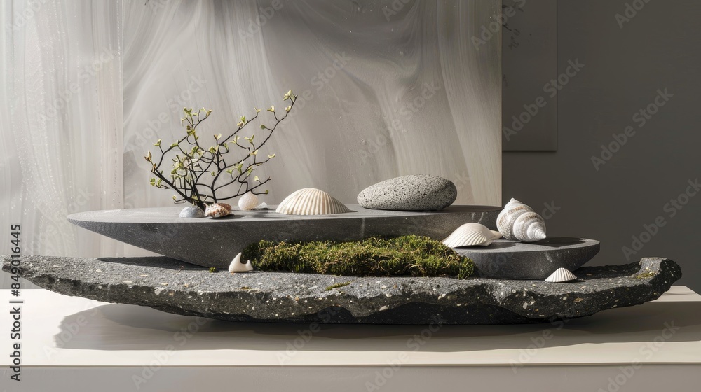 Modern display stand using gray stones moss and shell pieces for ...