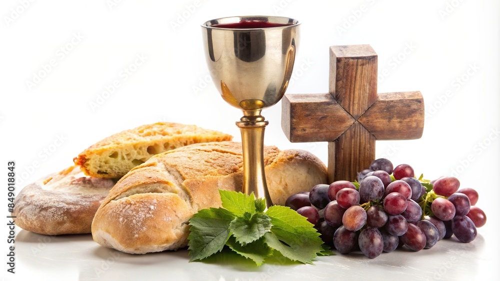 Holy Communion elements including unleavened bread, wine, and cross on ...
