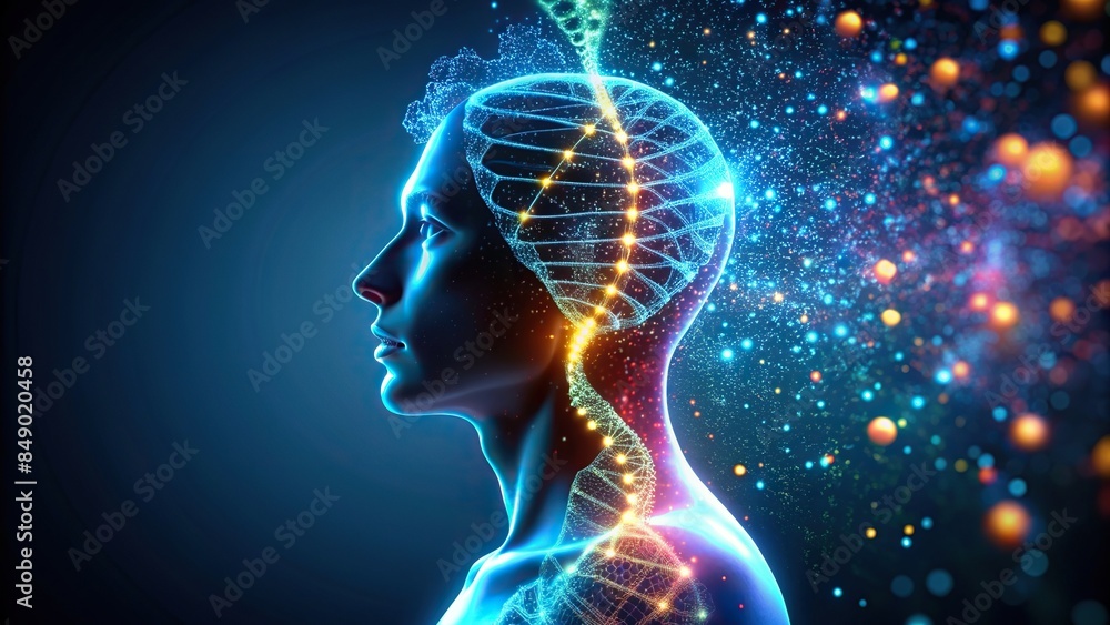 Vivid human profile with sparkling DNA strands on dark background, life ...