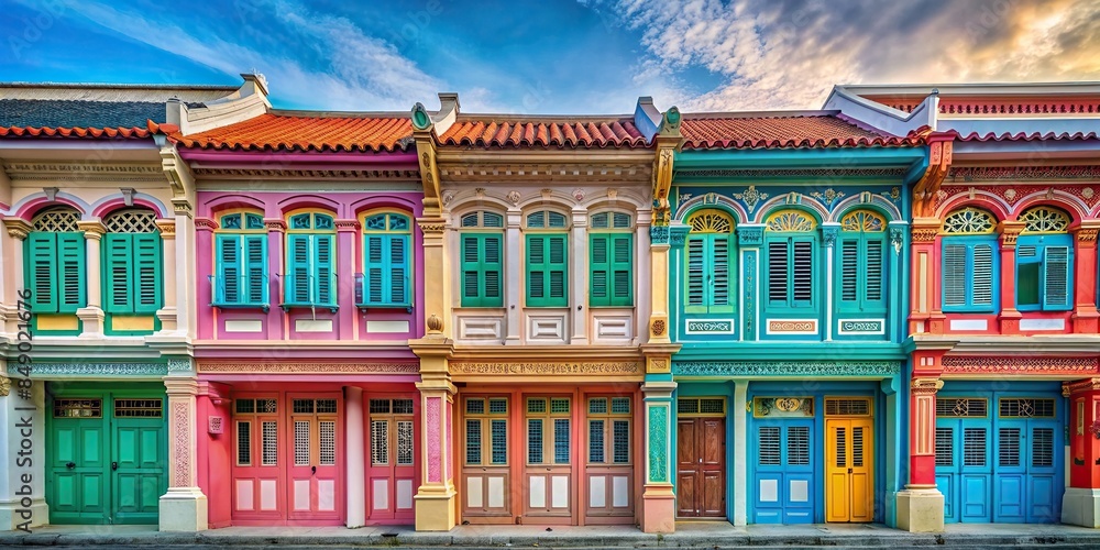 Vibrantly colored traditional Peranakan shophouses in a row, Peranakan ...
