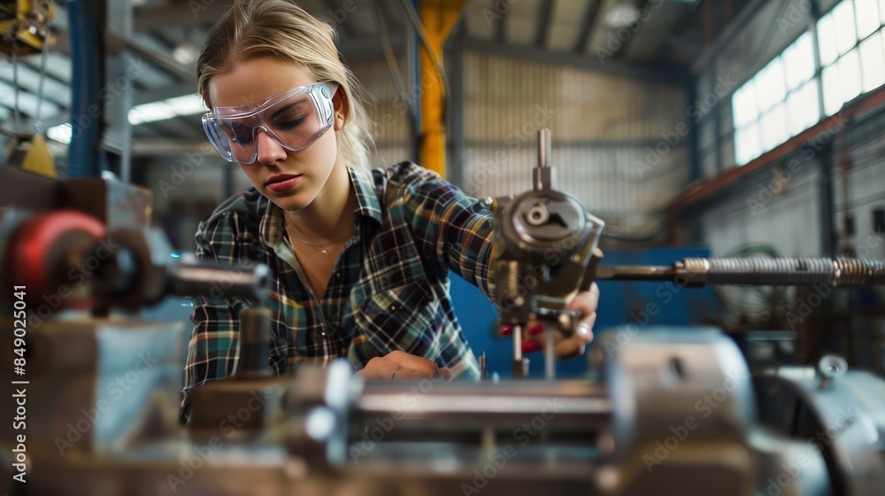 Woman worker wearing safety goggles control lathe machine to drill ...
