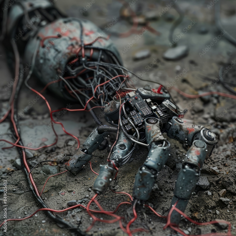broken robot lying on the ground, wires torn and circuits exposed ...