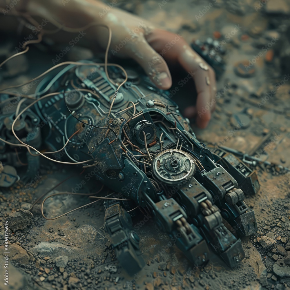 broken robot lying on the ground, wires torn and circuits exposed ...