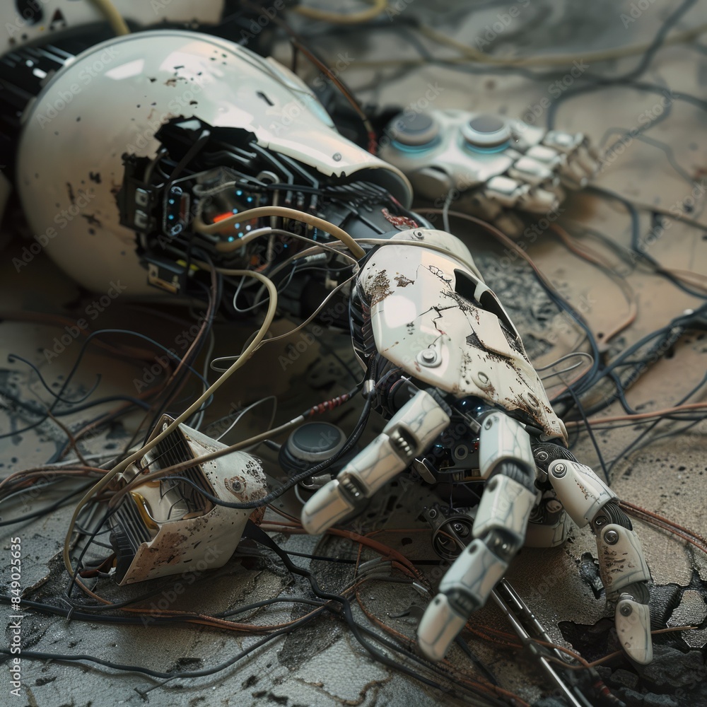 broken robot lying on the ground, wires torn and circuits exposed ...