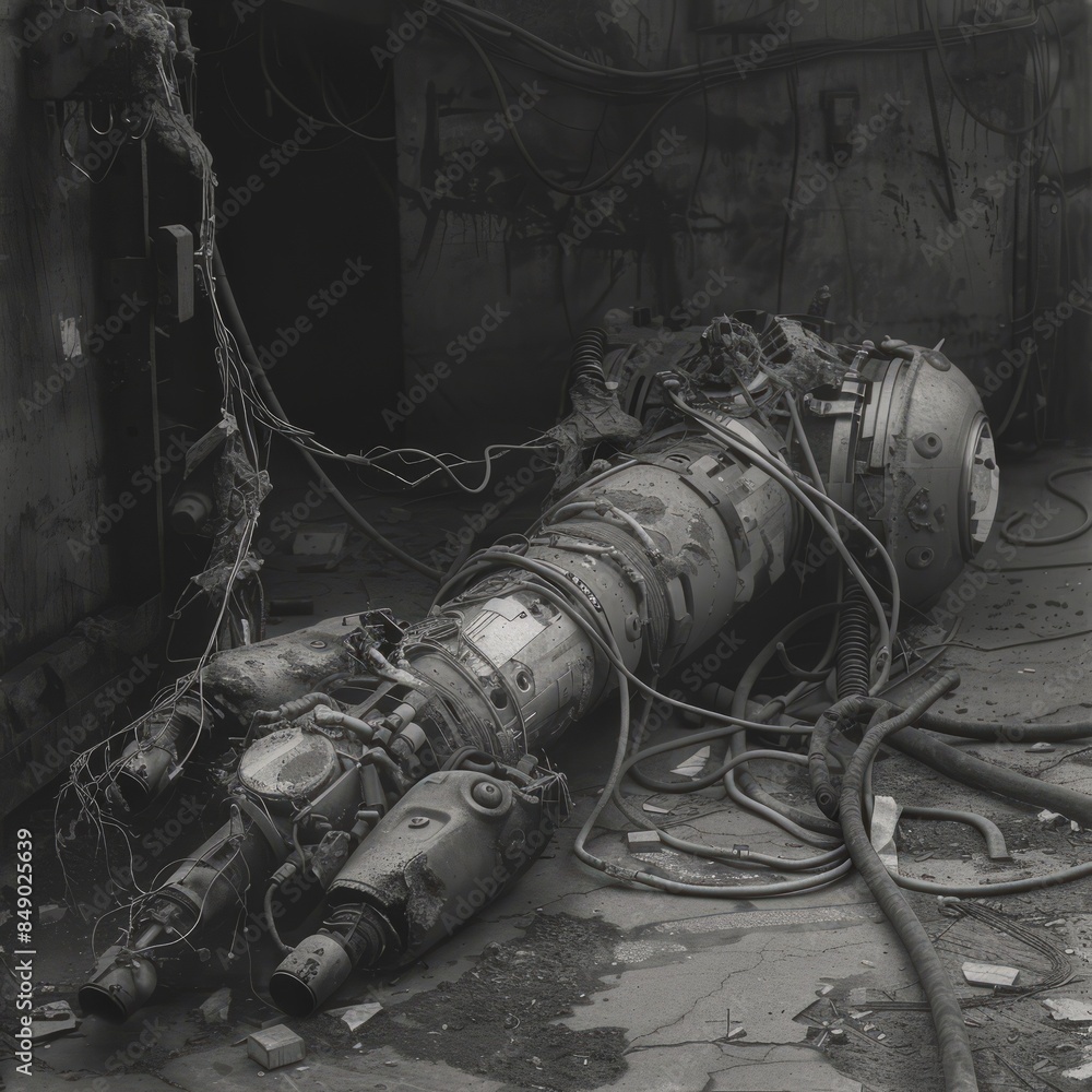 dismembered robotic arm lying discarded on a factory floor, wires and ...