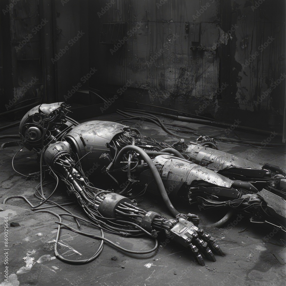 dismembered robotic arm lying discarded on a factory floor, wires and ...