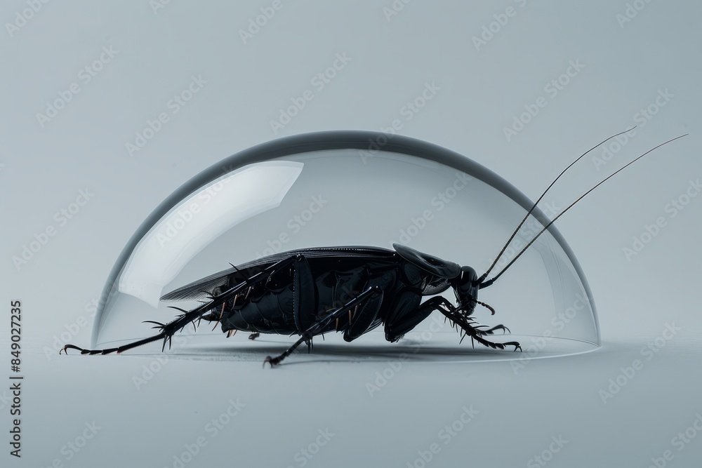 A minimalist image of a cockroach trapped under a transparent glass ...
