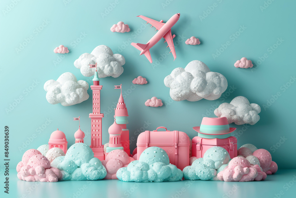 Whimsical 3D illustration depicting a travel and journey concept with ...