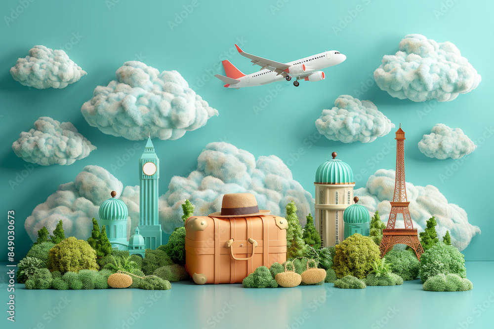 3D travel scene featuring iconic landmarks, suitcase, clouds and an ...