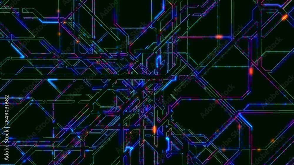Animation of electronic subway map neon lines move along a given route ...