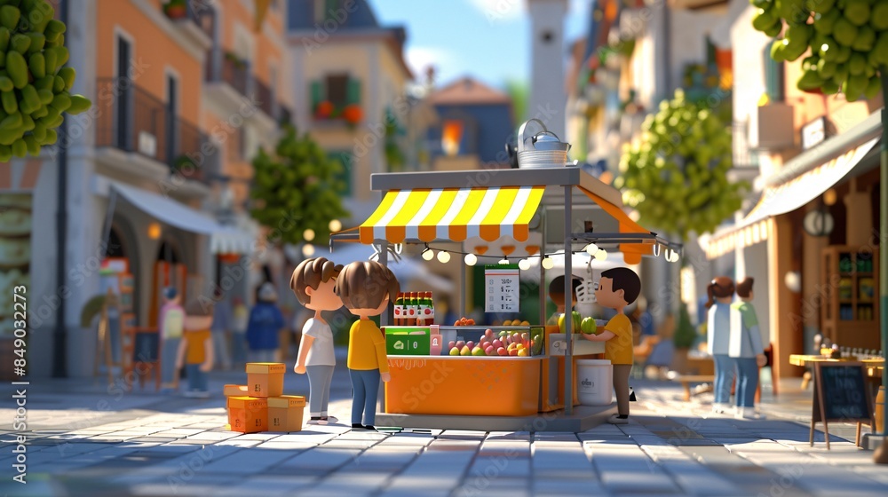 Animated 3D characters setting up a donation drive booth in a busy town ...
