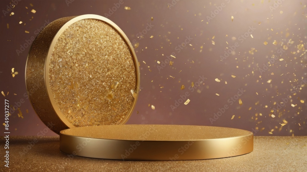 Imagine a round podium with a 3D platform featuring a gold glitter ...
