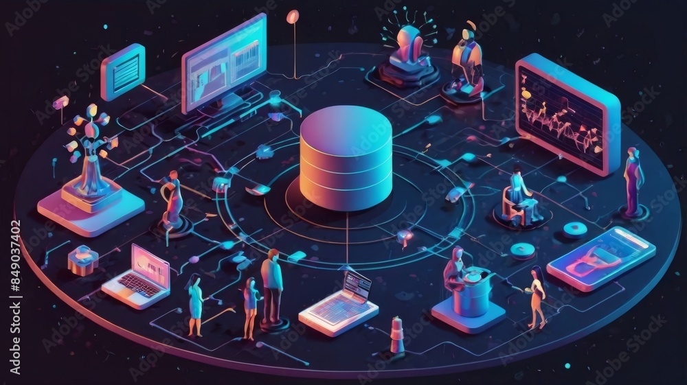 Isometric flowchart illustrating AI-powered content creation with ... Isometric flowchart illustrating AI-powered content creation with ...