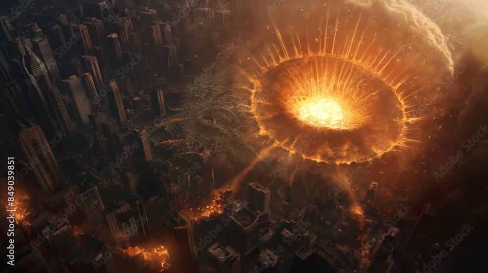 aerial view, top view of gigantic meteor crushing on earth ground make ...