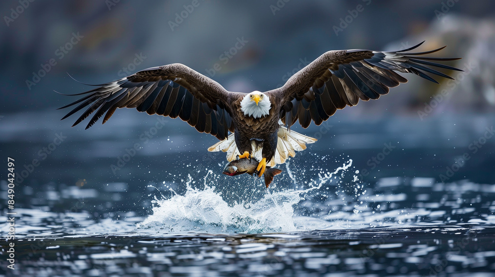 Eagles catch fish in the sea, the eagle looks dashing with its wings ...