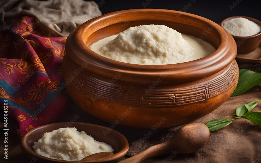 Ghanaian fufu, cassava dough, light soup, goat meat, clay bowl, vibrant ...