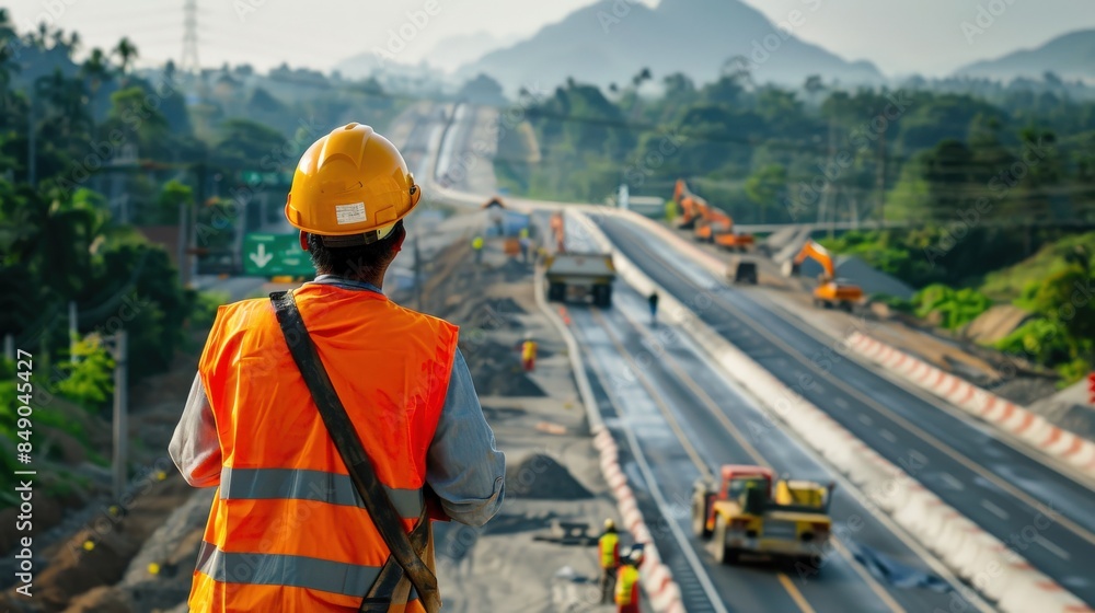 A road construction engineer meticulously inspects the ongoing ...