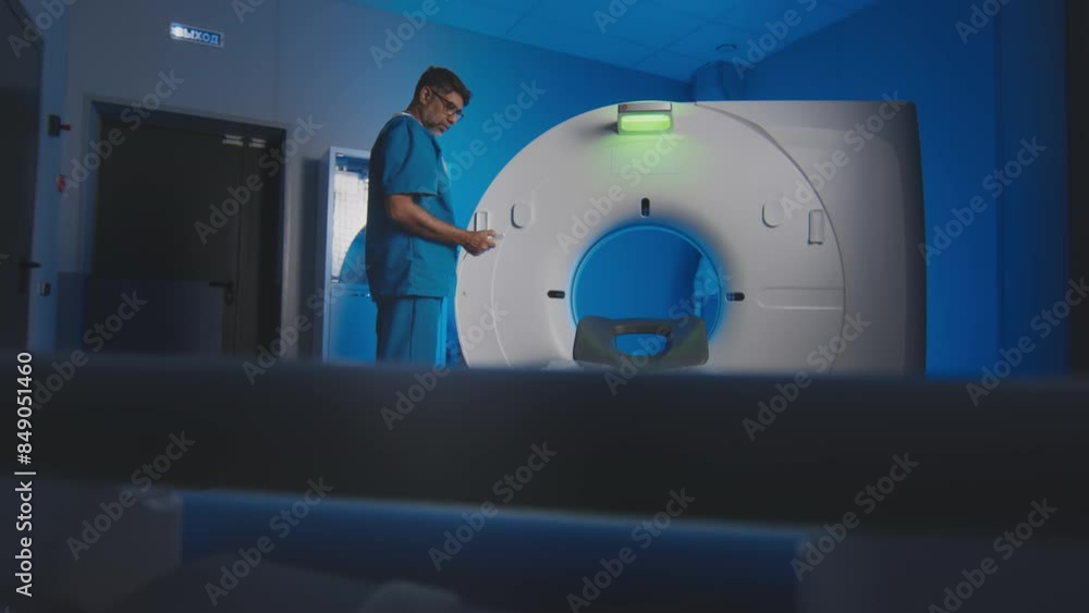 Medium slowmo tilt of male medical imaging specialist wearing blue ...