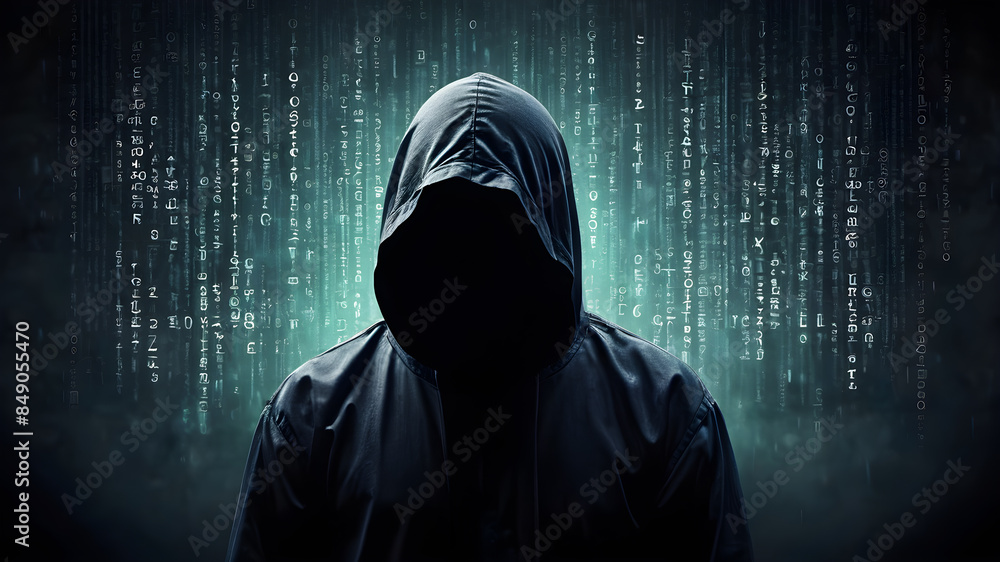 Hacker in data security concept. Silhouette of a hacker on binary codes ...