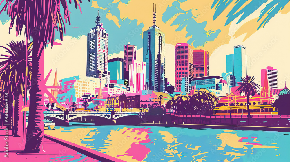 Retro vintage risograph print travel poster, card, wallpaper or banner ...