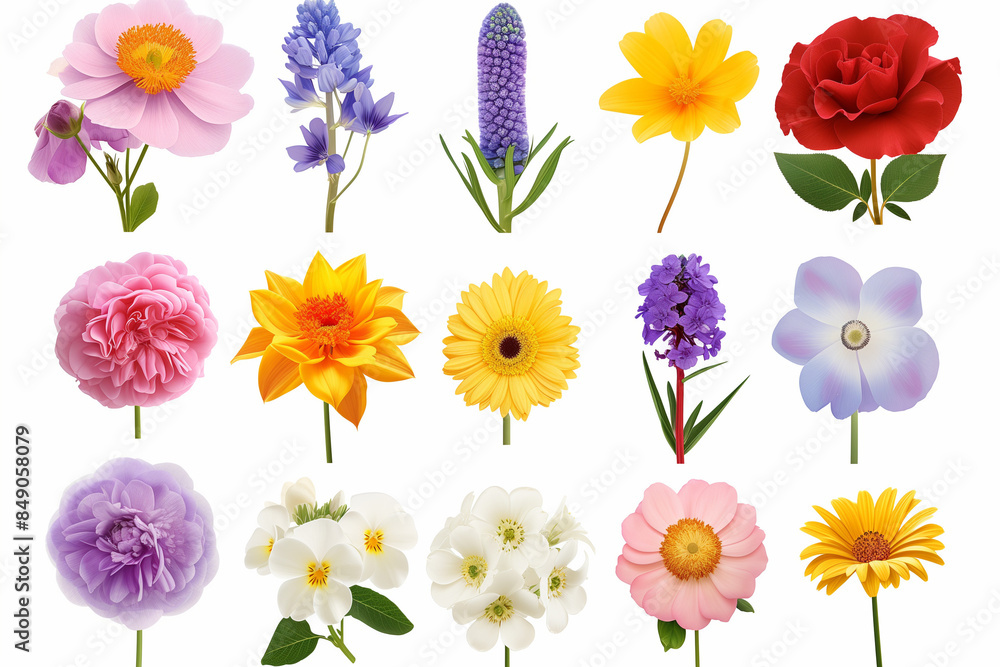 22 beautiful flowers isolated on white background. Isolation is on a ...
