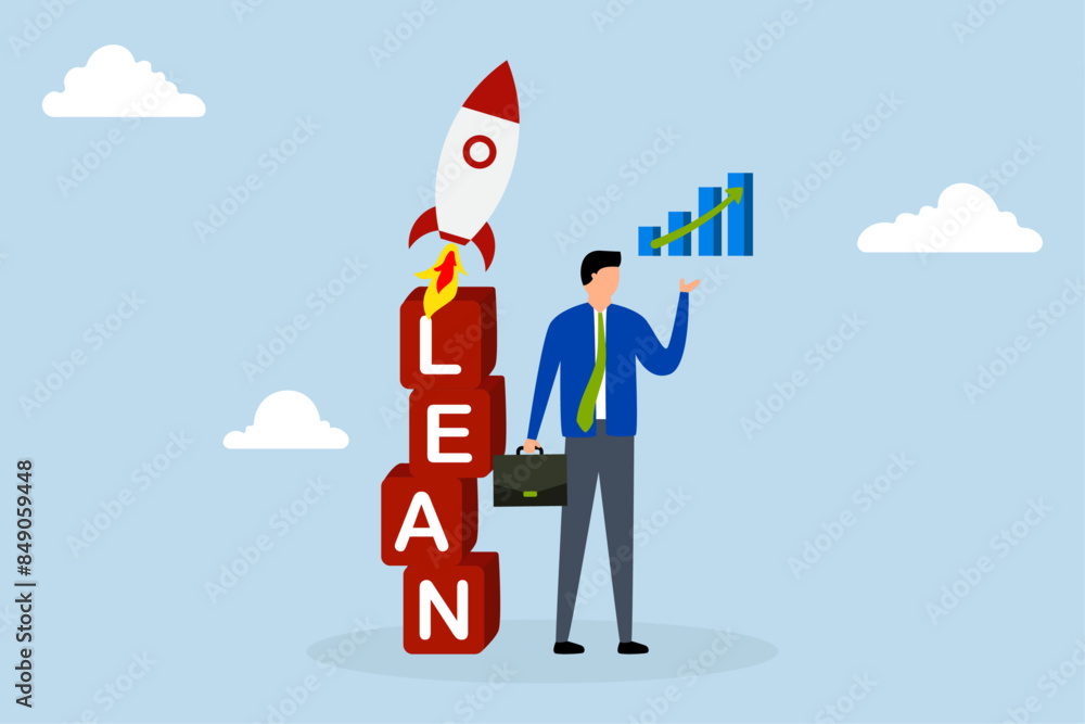 businessman shows growth chart leaning on stack of boxes with words ...