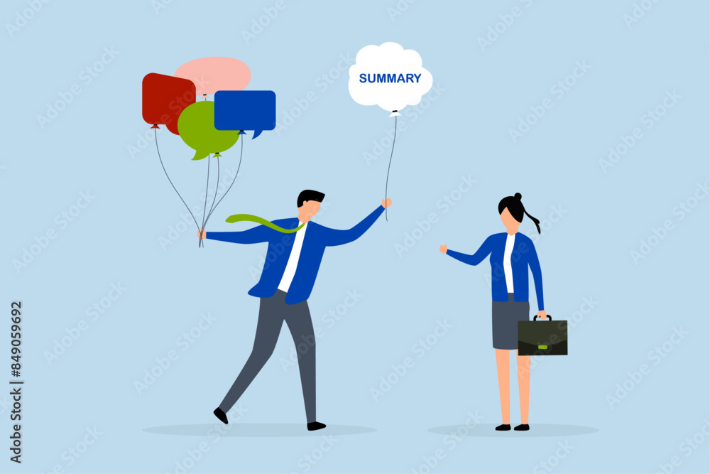 Meeting summary, businessman holds group of speech bubbles as members ...