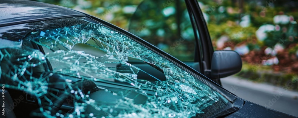 Broken car window with shattered glass, depicting the aftermath of a ...