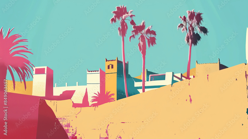 Risograph print travel poster, card, wallpaper or banner illustration ...