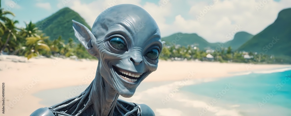 Smiling humanoid grey alien at the beach with sea in background ...