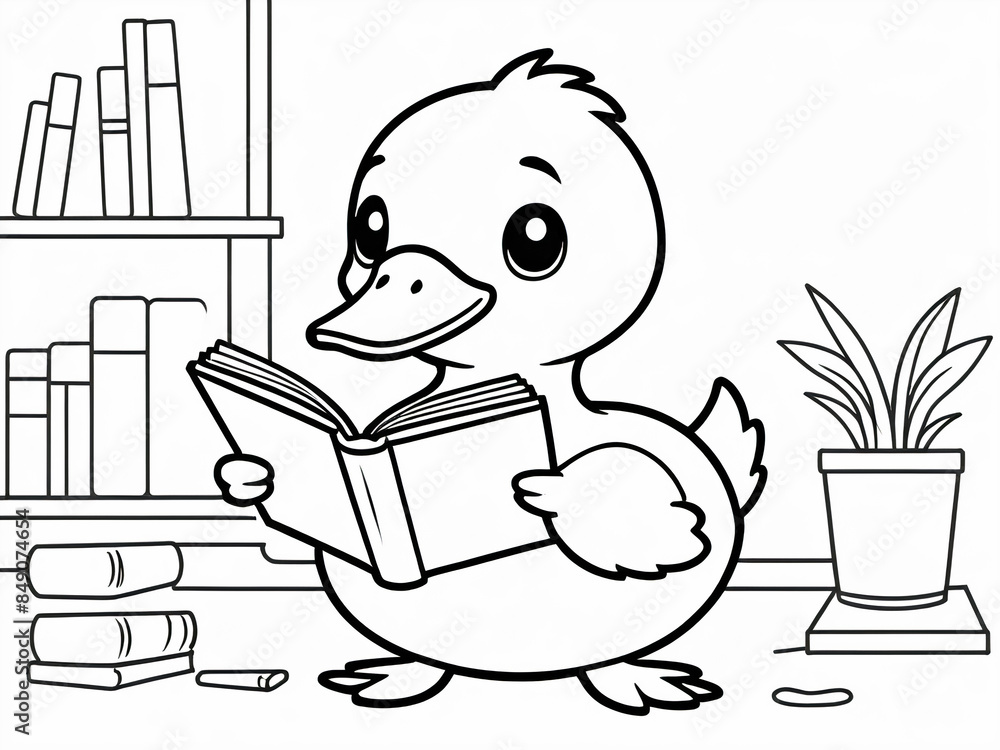 Fun duck reading, coloring page for kidd Stock Illustration | Adobe Stock